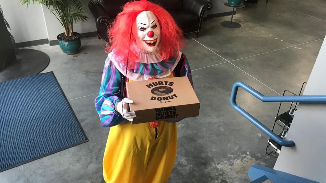 Creepy Hurts Donut clown delivers doughnuts to the Wichita Eagle ...
